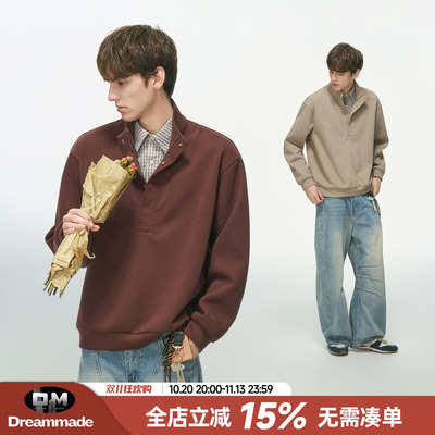 Dream made酒红色衬衫领假两件卫衣男款秋季叠穿立领无帽男生上衣