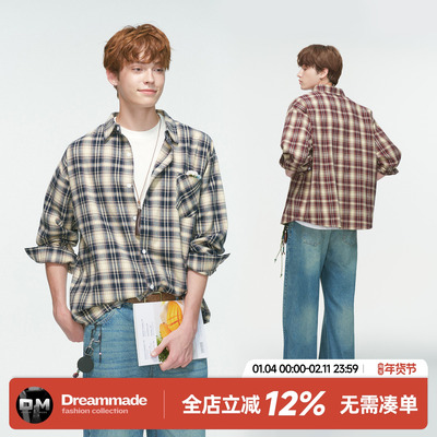Dream made 美式复古格子长袖衬衫男春秋季潮牌休闲情侣衬衣外套