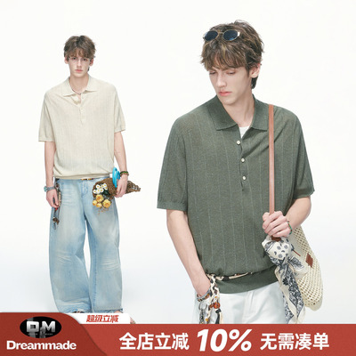 Dream made 天丝亚麻条纹针织短袖polo衫男款夏季人夫感莱赛尔T恤