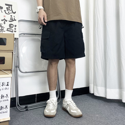 Mmel黑色工装短裤男日系宽松直筒百搭潮牌休闲五分裤纯棉夏季新款