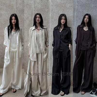 花沐醒老钱风三件套亚麻衬衫阔腿裤套装女巨好看的夏装大方得体