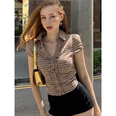 Vintage Wen美式复古修身短款镂空格纹短袖衬衫女小众显瘦V领上衣