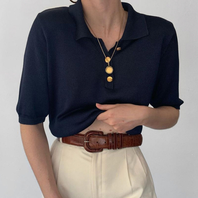 polo美式复古深藏青色针织短袖