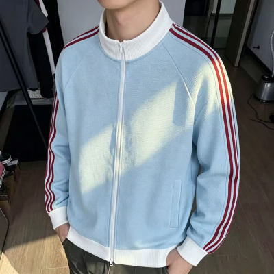 美式华夫格撞色开衫立领卫衣男款