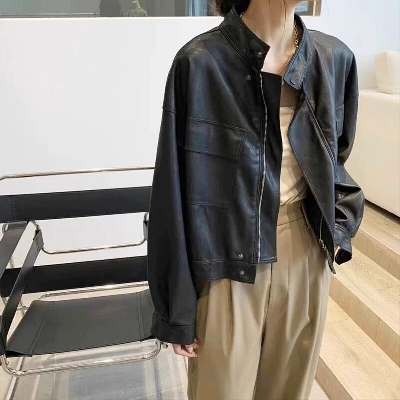 2024新款春秋小皮衣女短款显瘦时尚洋气韩版宽松复古夹克机车服pu