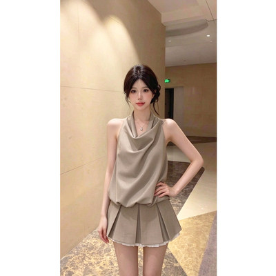 夏季美式千鸟格显瘦百褶裙套装