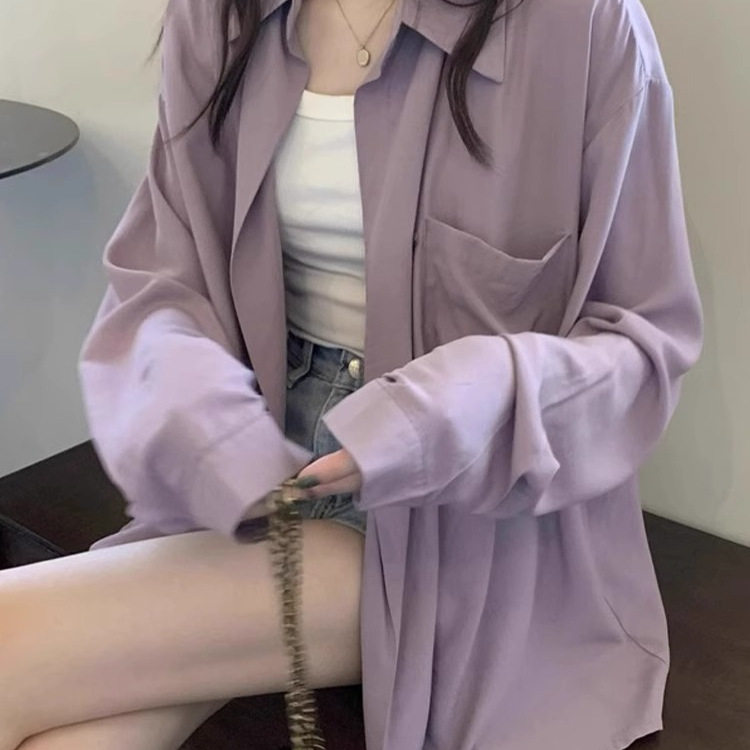 日系设计感紫色长袖防晒衬衫女夏季开衫高级感衬衣松弛感宽松上衣