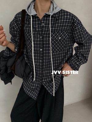 JVV美式复古宽松休闲百搭上衣女2026秋冬新款带帽格子衬衫21018