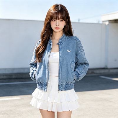 Adidas阿迪达斯三叶草女子短款牛仔外套新中式复古宽松夹克JZ9924