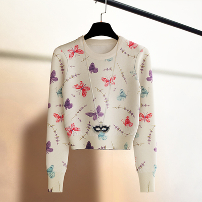 洋气蝴蝶印花圆领套头
