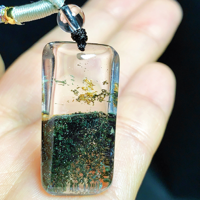 东海水晶天然绿幽灵无事牌吊坠男女款项链坠聚宝盆百搭坠节日礼物