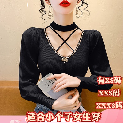 155矮个子小个子XXXS冬季150cm女装中领钉珠镂空针织灯笼袖打底衫