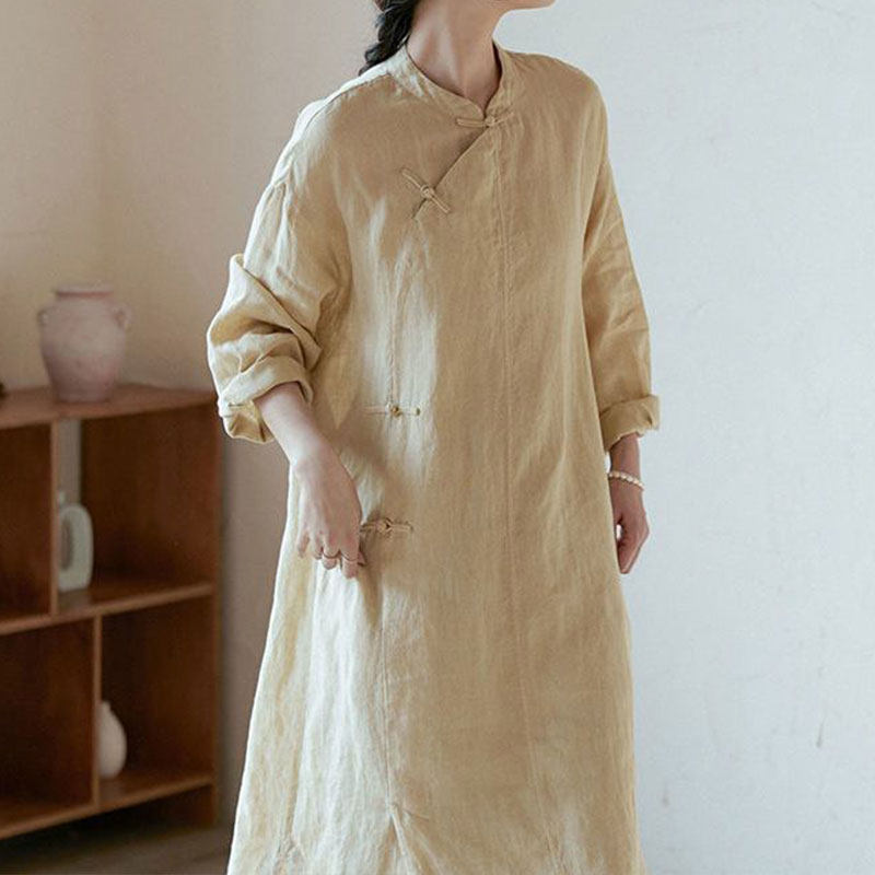 夏季新款简约日常改良斜襟连衣裙佛系禅意古风宽松国风茶服连衣裙