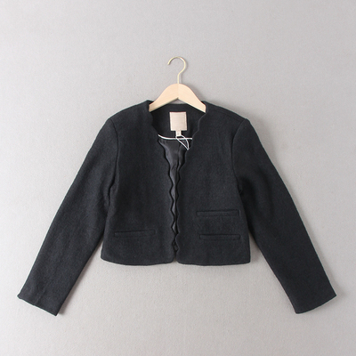 出丹麦订单！84.99欧元！经典大气的波浪边无扣羊毛混纺毛呢外套