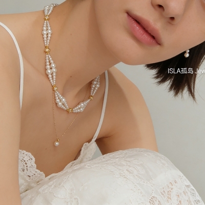 ISLA孤岛进口施家珍珠三层编织渐变复古法式项链锁骨链毛衣链颈链