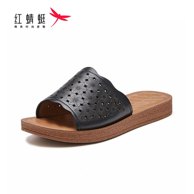 REDDRAGONFLY/红蜻蜓真皮洞洞透气外穿舒适妈妈凉拖鞋女WTK21043