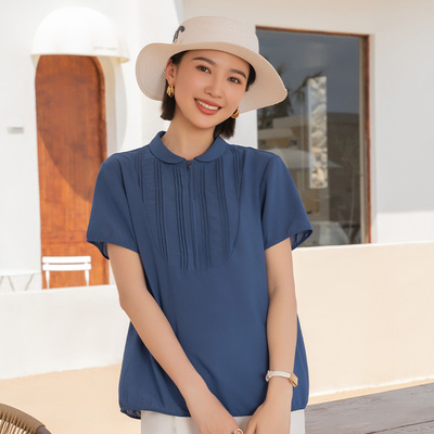 YUN韫2025夏季新品女风琴褶翻领半拉链套头纯色雪纺短袖衬衫5658