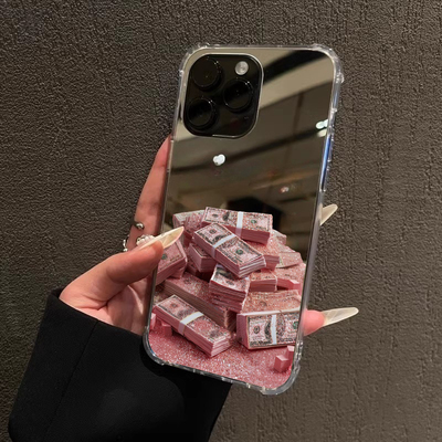 少女粉美元钞票手机壳适用iPhone17pro max镜面苹果16pro补妆镜1312发财OPPOReno14三星S25华为P80VIVO小米15