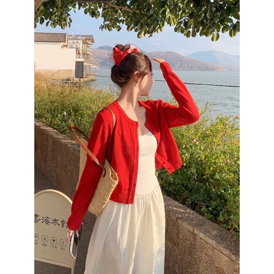 韩版红色针织开衫吊带外搭女