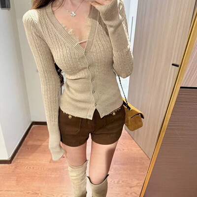 早春性感修身蕾丝针织开衫女