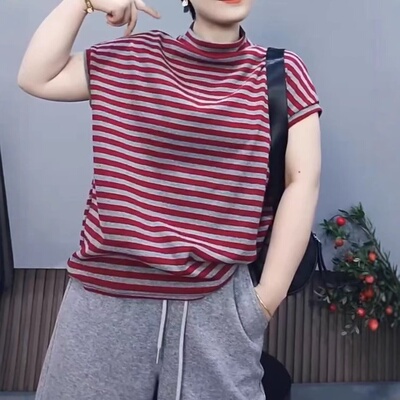 25193大爱美依缘2025夏季新款时尚宽松条纹上衣休闲短袖显瘦女潮