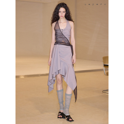 胭紫不规则抽褶裙摆飘带半裙