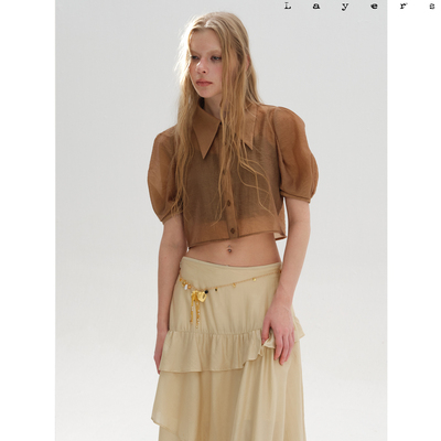 半透两件式少女感泡泡袖短袖衬衫