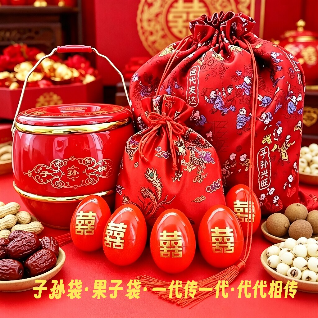 新娘嫁妆子孙桶百子图子孙袋龙凤袋果子袋子孙五宝结婚庆陪嫁用品