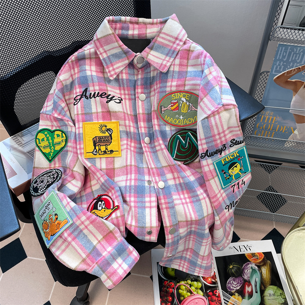 美式复古hiphop磨毛格子长袖衬衫女秋冬bf慵懒风加厚毛呢上衣外套_虎窝淘