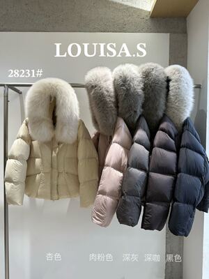 LOUISA.S狐狸毛领连帽90白鸭绒羽绒服女冬季2025新款百搭短款外套