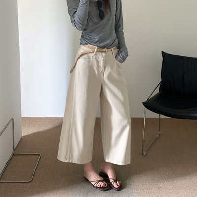 夏款超薄TOP欧制广州十三行老钱风简约八分阔腿牛仔裤配腰带61709