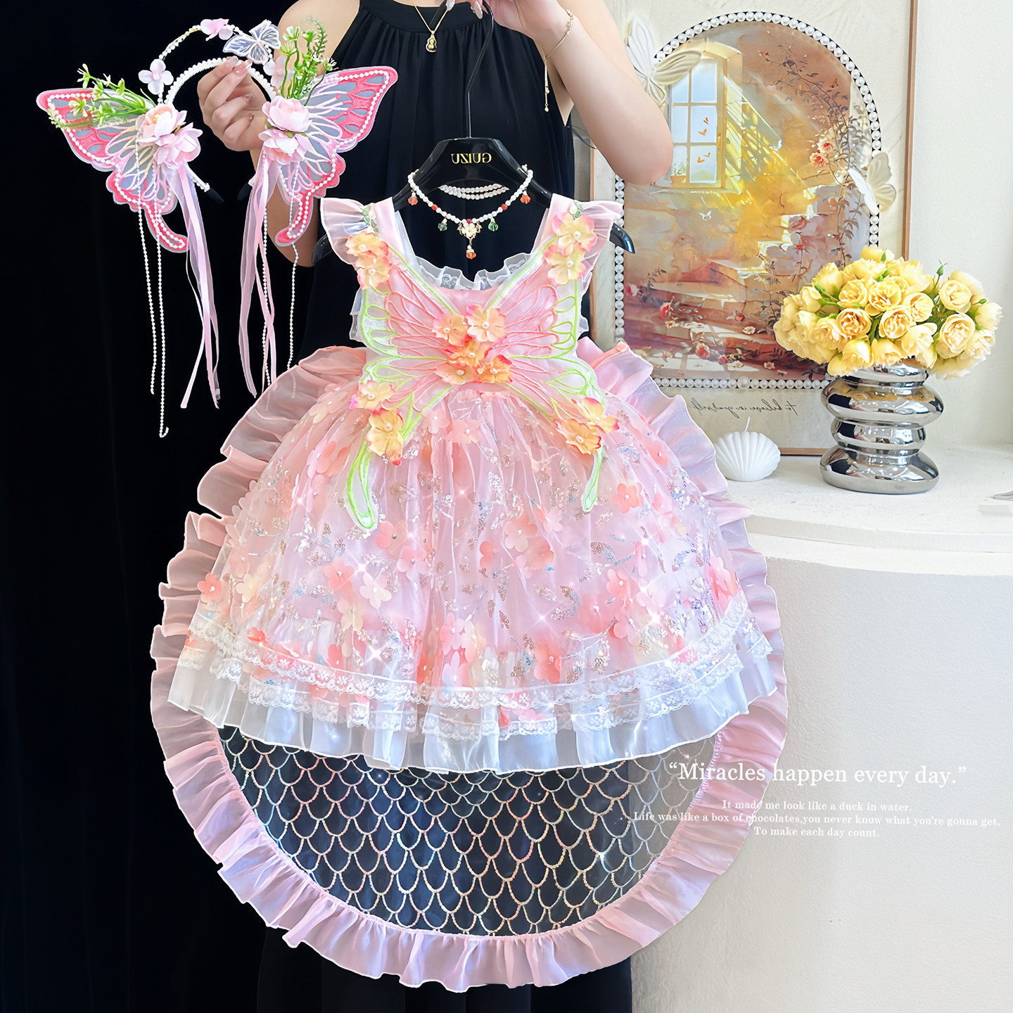 花仙子女童洛丽塔公主裙夏季儿童高端生日礼服裙粉色Lolita蓬蓬裙
