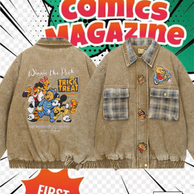 cattle赵大牛新款美式童趣刺绣卡通米奇翻领牛仔外套男女同款棉服