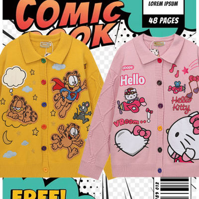 cattle赵大牛新款美式童趣刺绣卡通kitty翻领毛衣外套男女同款