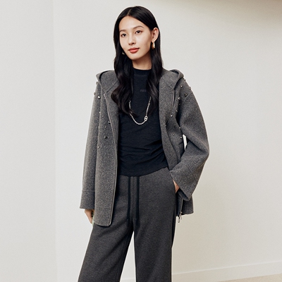 firststation休闲连帽双开拉链羊毛宽松大衣外套女25冬新款8222A