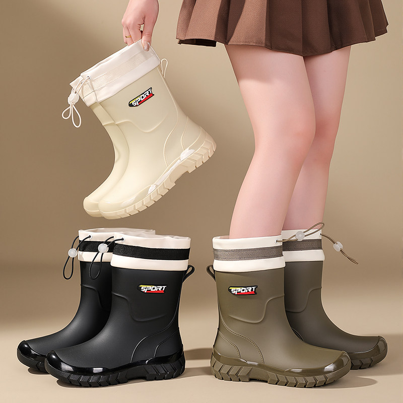 时尚中筒学生雨鞋女束口防滑防水平底保暖厨房户外水鞋耐磨胶鞋女