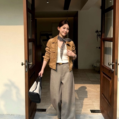 ICCIICC-3014十三行秋季女风呢料直筒裤小个子通勤九分西装休闲裤