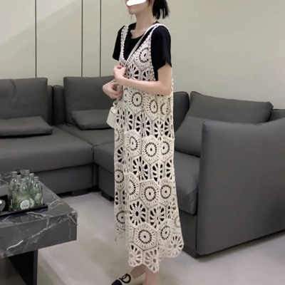 法式镂空长裙子钩花复古吊带