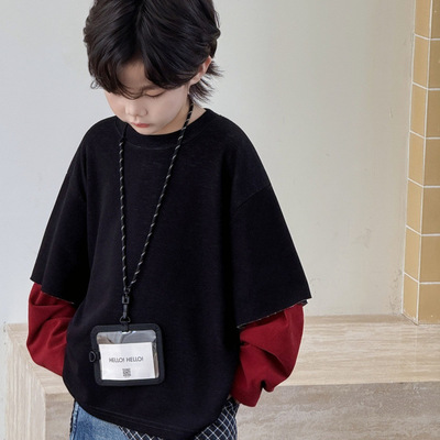 儿童男童2025秋季新款假两件拼接撞色毛边做旧宽松长袖T恤衫上衣