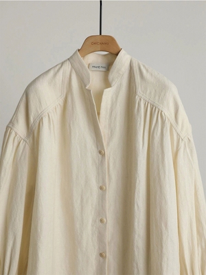 Frame Fan 设计师品牌 日本羊毛麻插肩袖V领拼接捏褶宽松衬衫衬衣