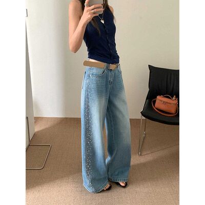DIMO带钻牛仔裤阔腿宽松早春新