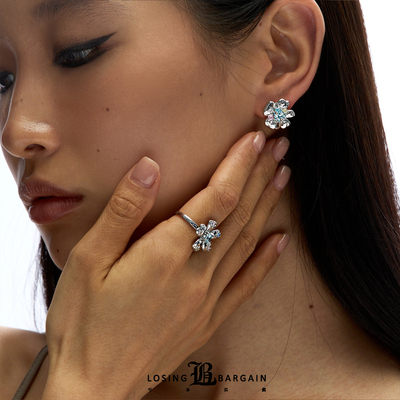 【Losing Bargain】基础气质花花拼钻百搭设计款925戒指耳钉套组