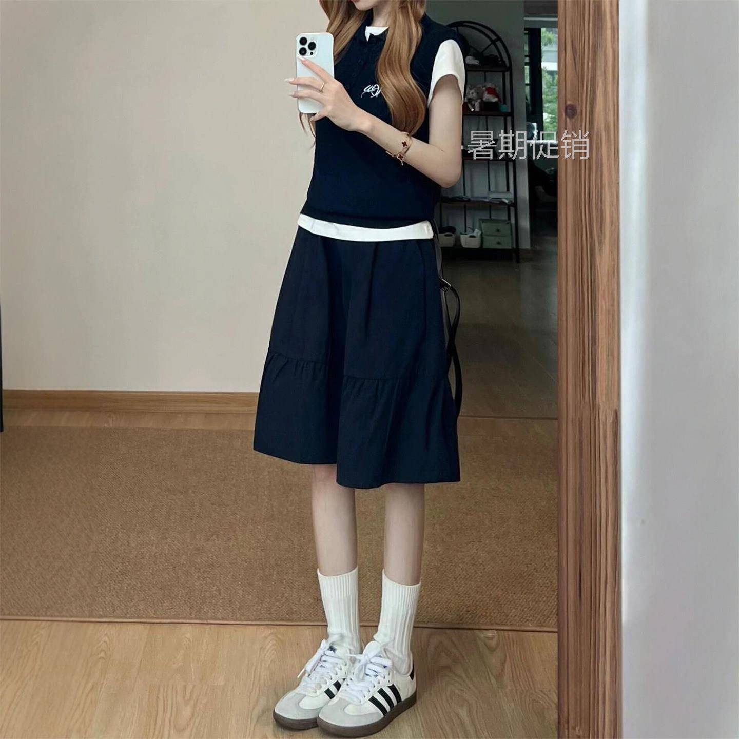 日系藏青色半身裙女夏季新款胖妹妹mm高腰显瘦设计感a字五分短裙