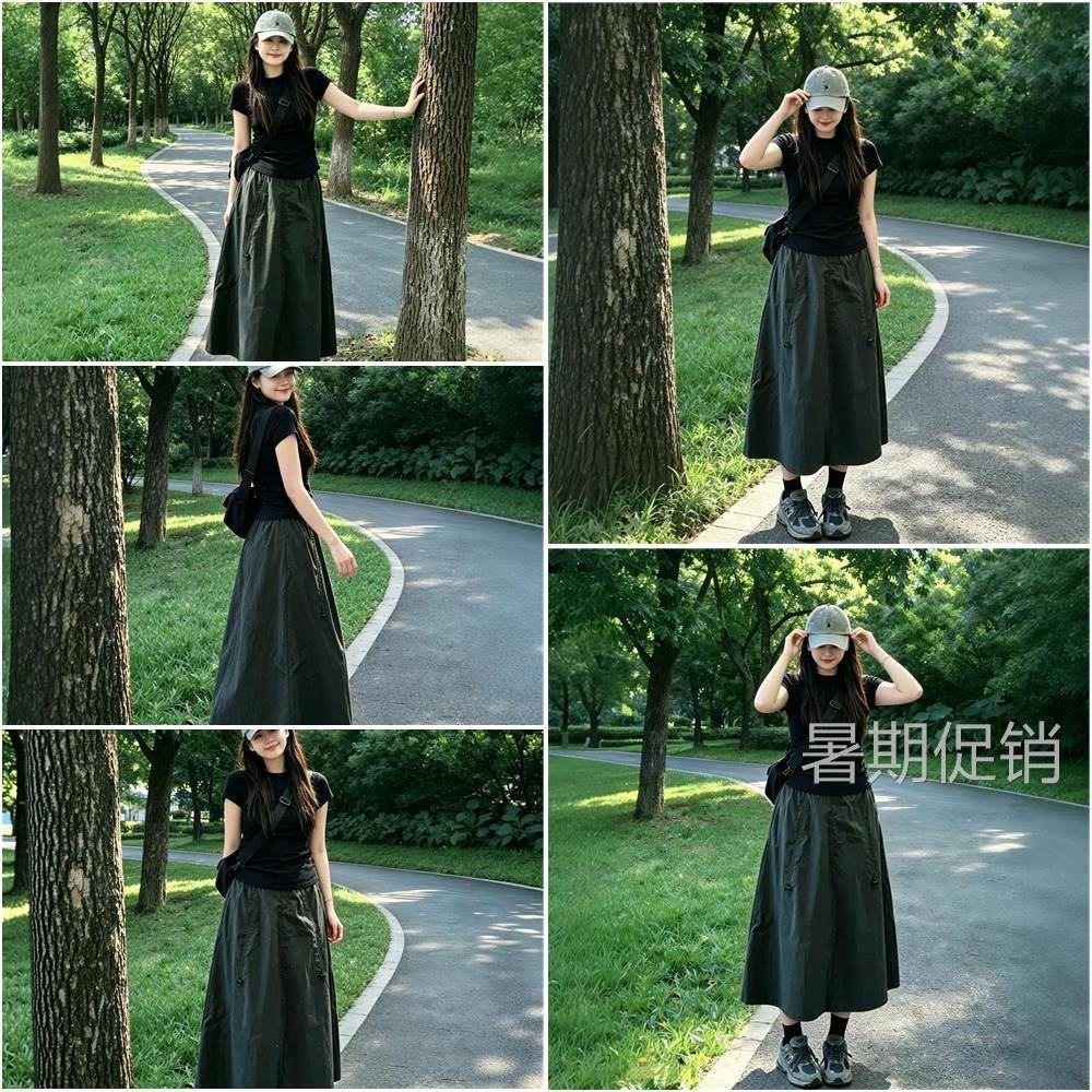 绿色工装裙女夏季大码胖mm高腰宽松显瘦梨型身材中长款a字半身裙