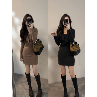 V领长袖扭结设计秋冬连衣裙