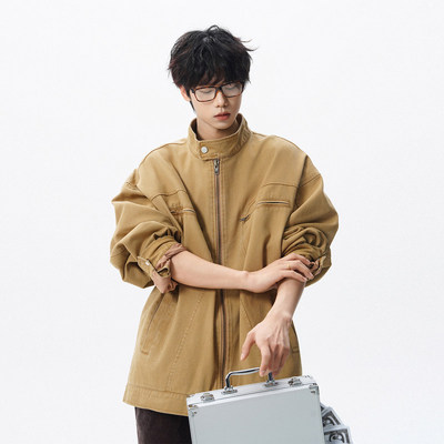 「设计师品牌」重磅310克 美式复古工装水洗做旧夹克外套春季