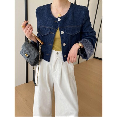 今年流行特惠司南 富家千金感 细闪亮丝斜纹暗纹提花袖口牛仔外套