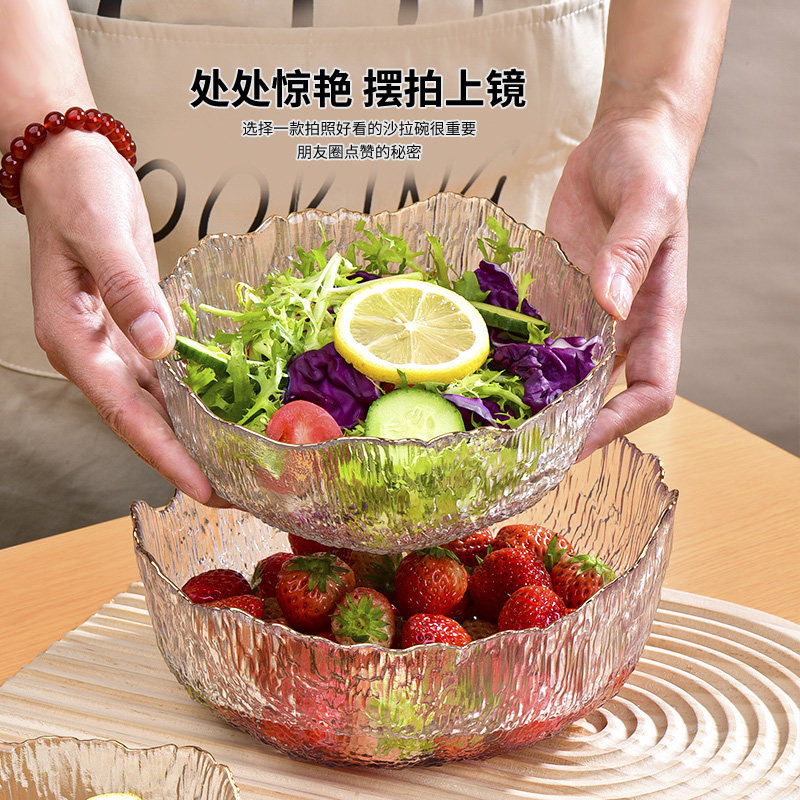 日式金边沙拉玻璃碗套装家用汤碗饭碗面碗水果盘北欧甜品碗碟餐具