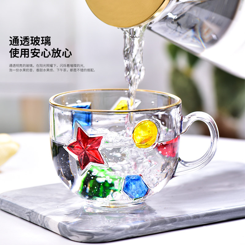 法兰晶彩绘金边早餐杯酸奶牛奶杯女家用耐热玻璃水杯大容量咖啡杯