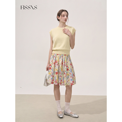 FISSXS 夏季休闲宽松碎花半身裙套装修身透气针织短袖女裙子